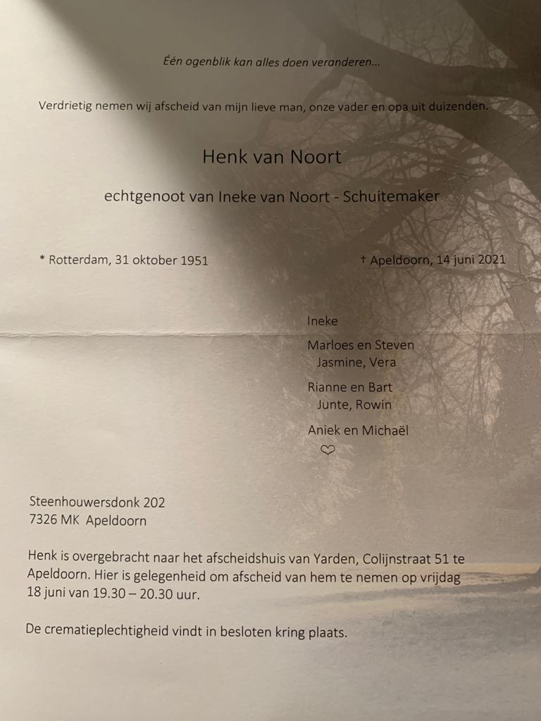 Overlijden Henk van Noort - B.C. Klaver Vier